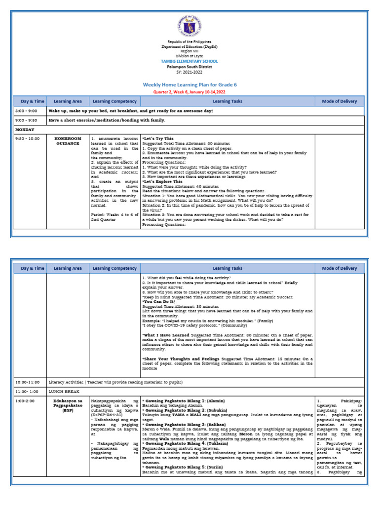 Grade 6 - All Subjects - WHLP - Q2 - W6 | PDF | Invertebrate | Learning