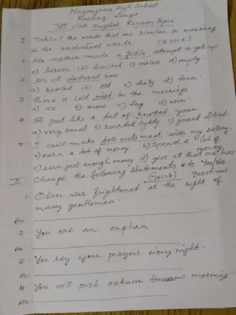 English Revision Paper 8th Class | PDF