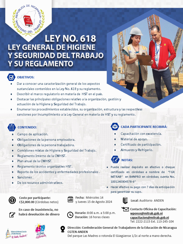 Ley 618, Ley General de Higiene y Seguridad Del Trabajo y Su Reglamento Agosto 2024 | PDF