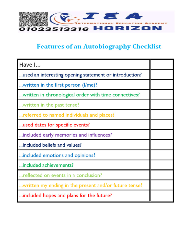 Features of an Autobiography Checklist1 | PDF