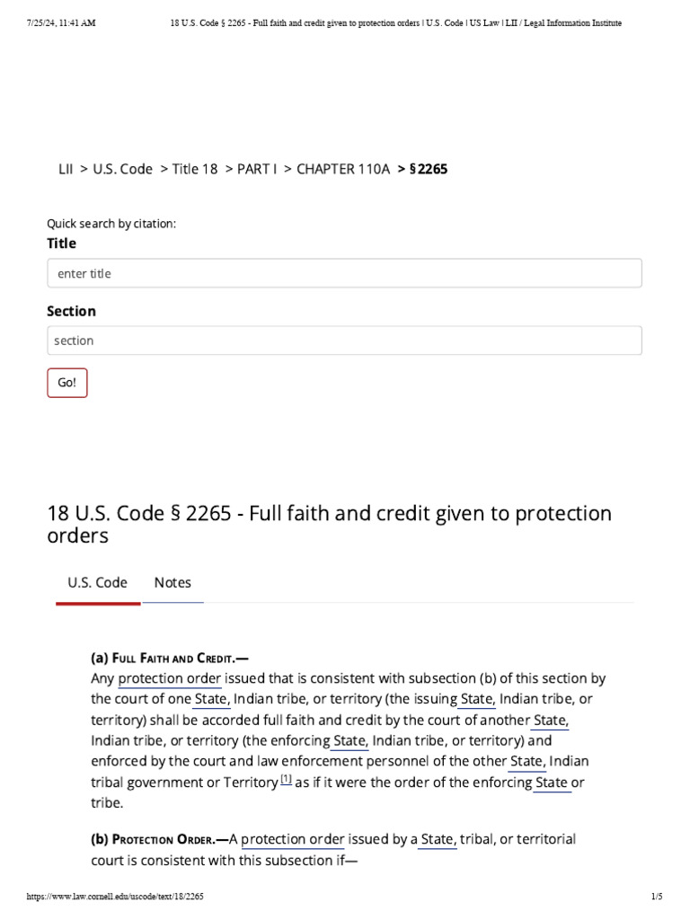 18 U.S. Code 2265 - Full Faith and Credit Given To Protection Orders ...