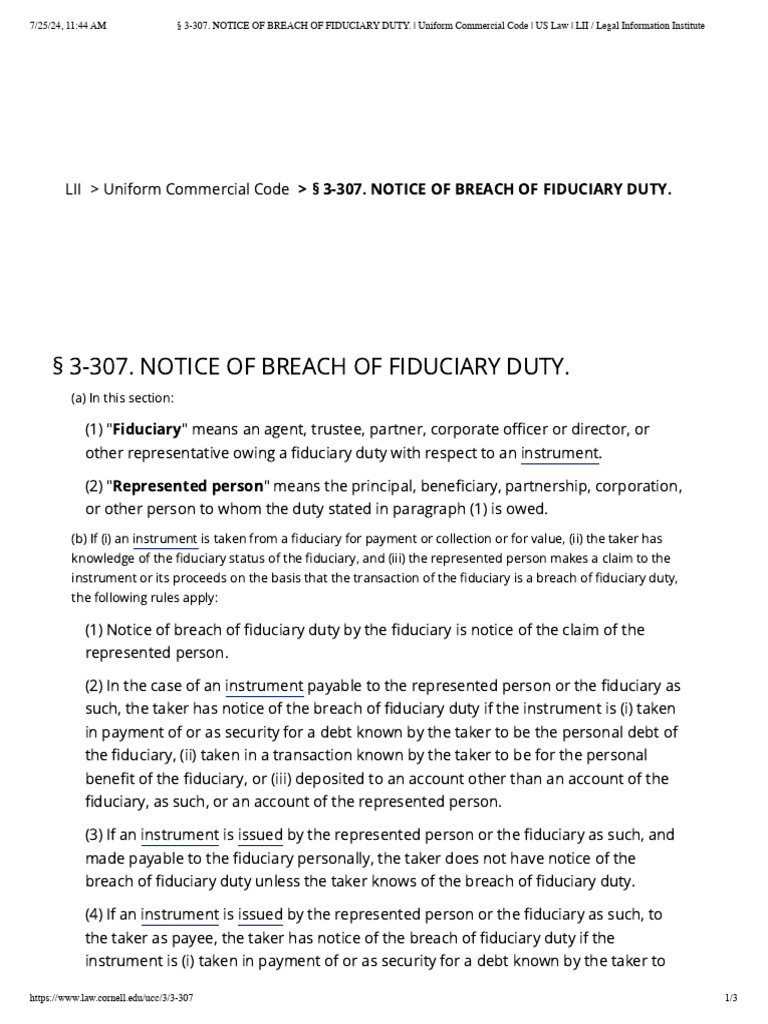 3-307. NOTICE OF BREACH OF FIDUCIARY DUTY. - Uniform Commercial Code ...