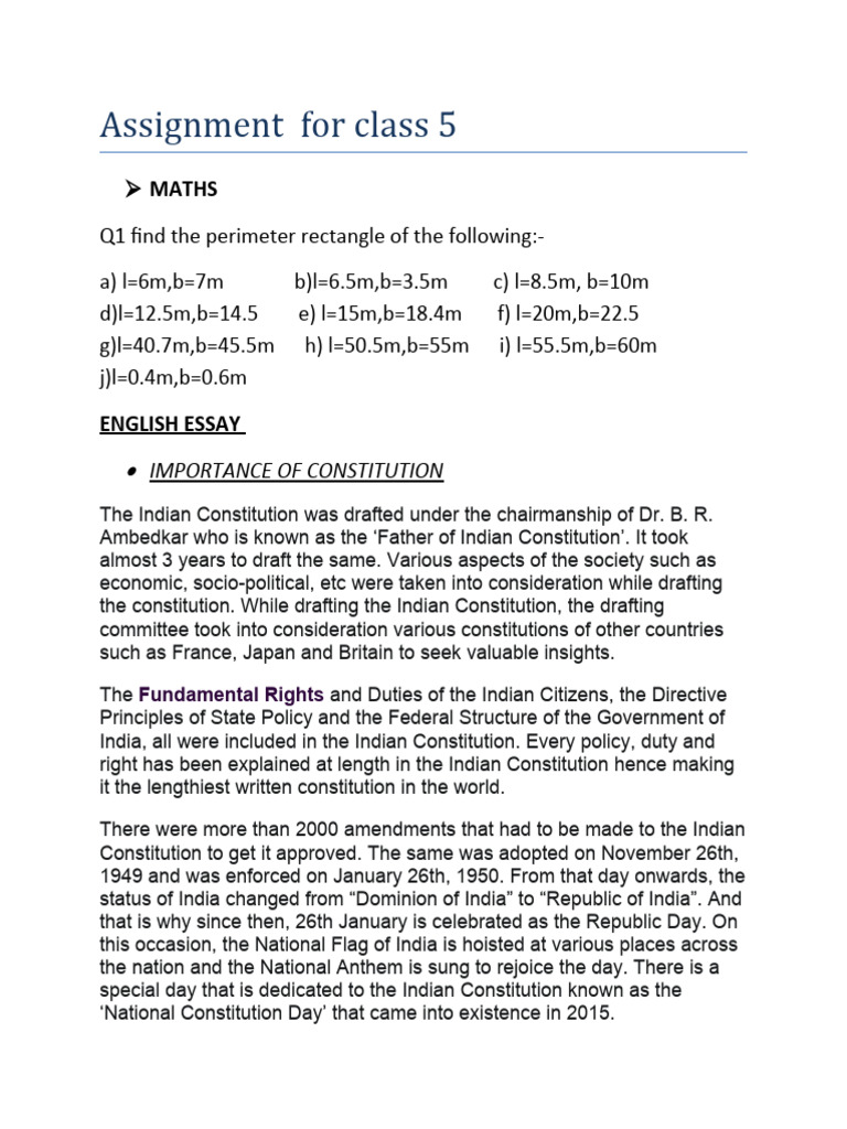 MATHS Assignment For Class 5 | PDF | Verb | Adverb