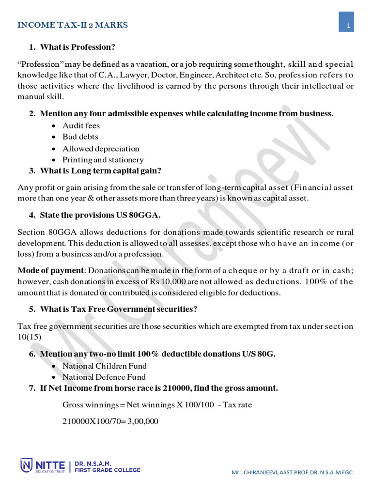 2 Marks Income Tax-II | PDF | Expense | Tax Deduction