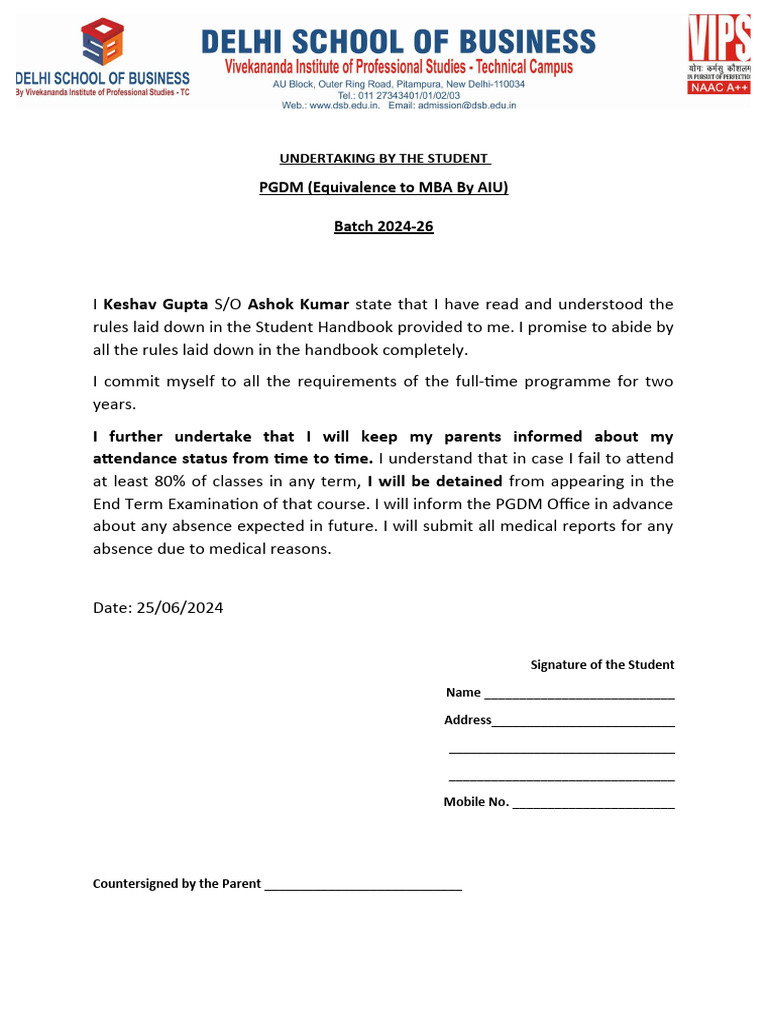 Student Undertaking for PGDM Program | PDF | Finance & Money Management