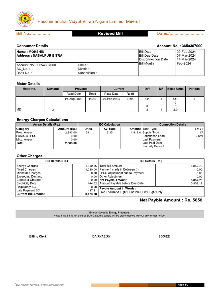 Electricity Bill Pdf Power Physics Electric Power