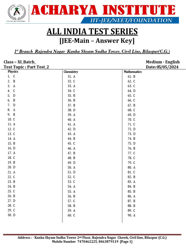 Answer Key 2 JEE-Main Class XI Batch | PDF