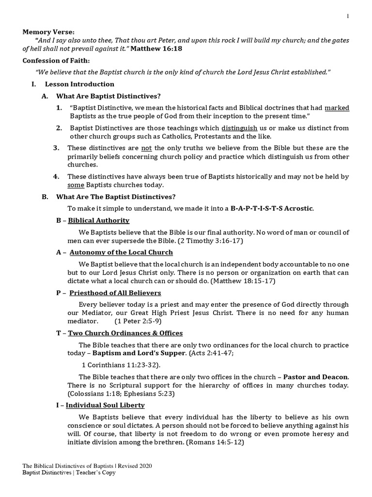 The Biblical Distinctives of Baptist Teacher | PDF | Baptism | Eucharist