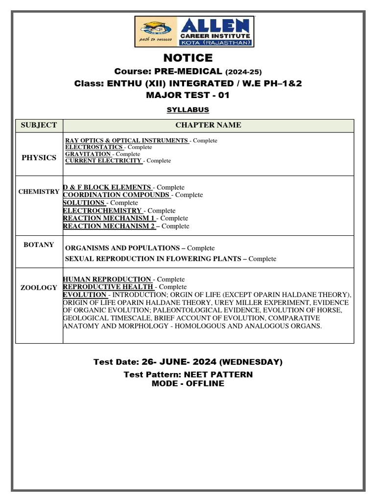 Pre-Med Major Test Syllabus 2024 | PDF | Science & Mathematics