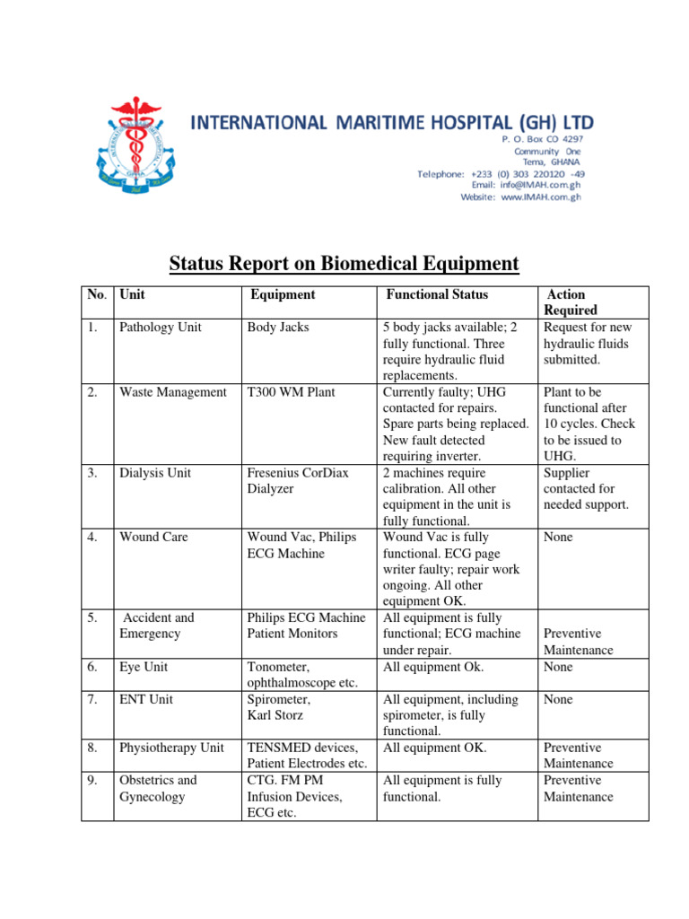 Biomedical Equipment Status Report | PDF | Magnetic Resonance Imaging ...