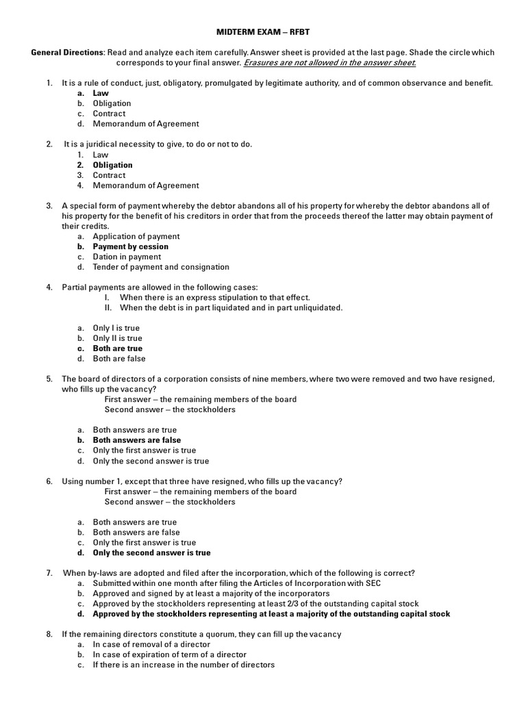 Major Exam On RFBT With Answers | PDF | Annulment | Partnership