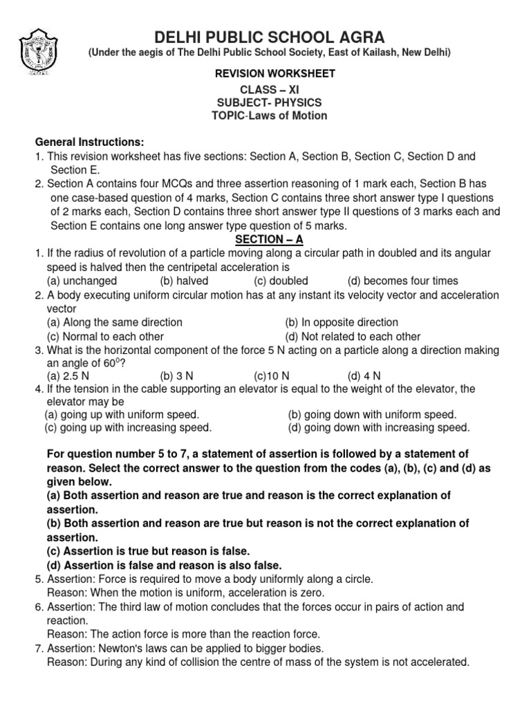 Class 11 Physics: Laws of Motion Worksheet | PDF | Force | Newton's ...