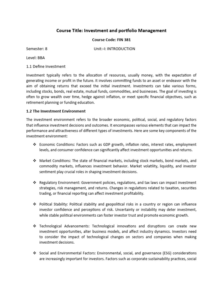 Investment and Portfolio MGNT Unit 1 | PDF | Investing | Asset Allocation