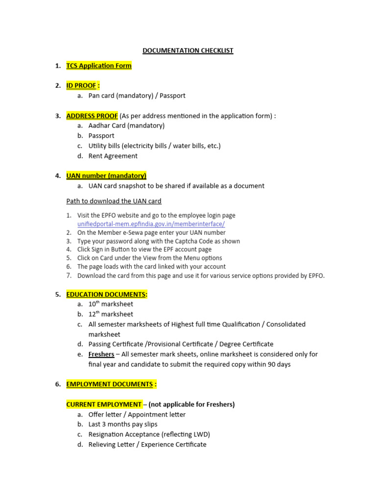 Documentation Checklist | PDF