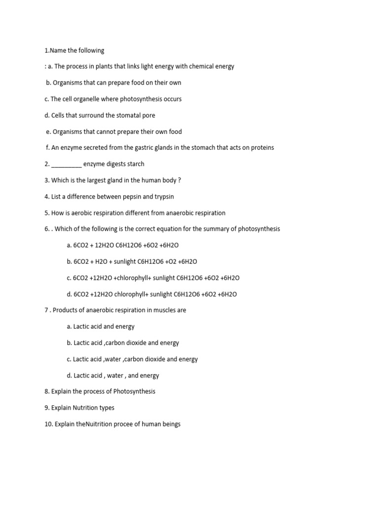 Life Process Test Class X | PDF
