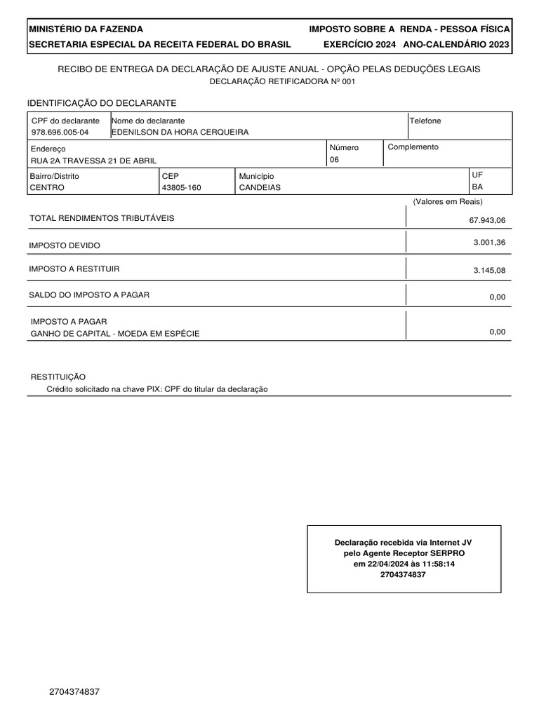 Irpf A 2024 2023 Retif Recibo | PDF | Imposto de Renda | Impostos