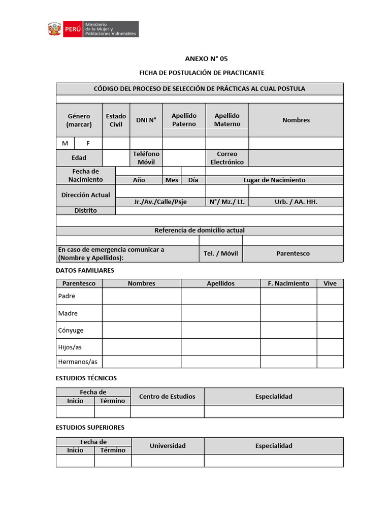 Anexo 05 Ficha de Postulacion Practicante | PDF | Documento de identidad | Justicia