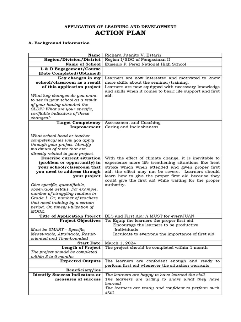 APPLICATION OF LEARNING AND DEVELOPMENT | PDF | Learning | First Aid