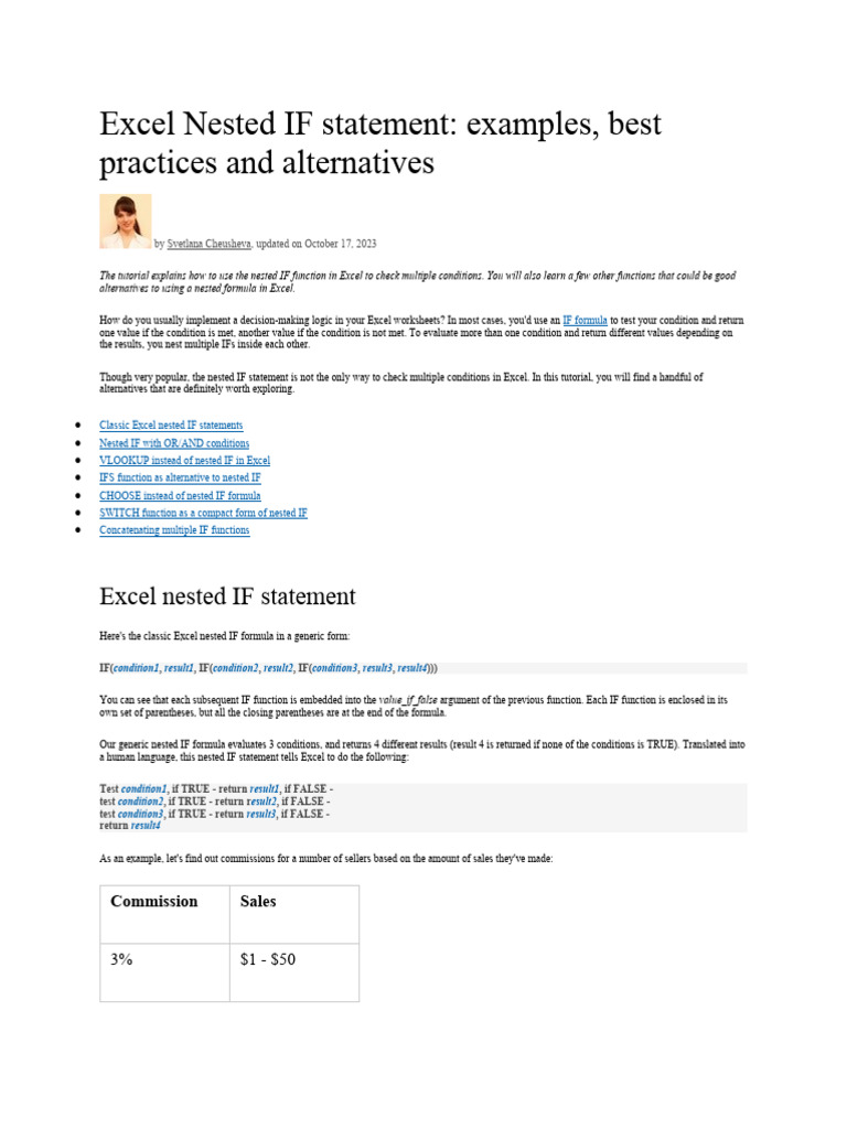 Excel Nested If Statement Pdf Function Mathematics Microsoft Excel