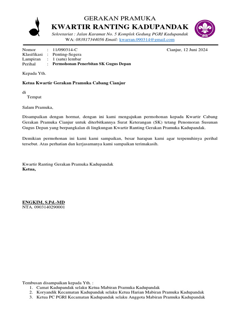 Draft 11 Surat Permohonan Penerbitan SK Gudep Kwarran Kadupandak | PDF