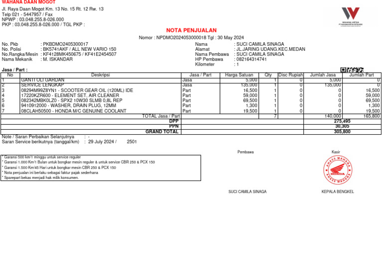 Nota Servis Motor Suci Camila | PDF | Teknologi & Rekayasa