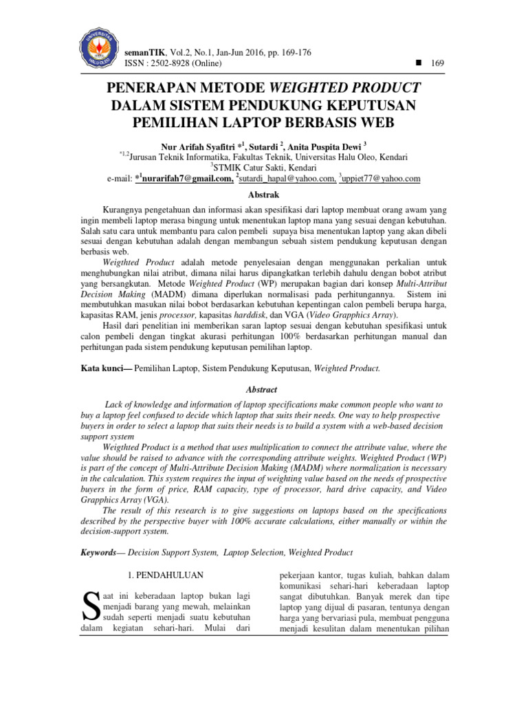 Penerapan Metode Weighted Product Dalam Sistem Pendukung Keputusan Pemilihan Laptop Berbasis Web ...