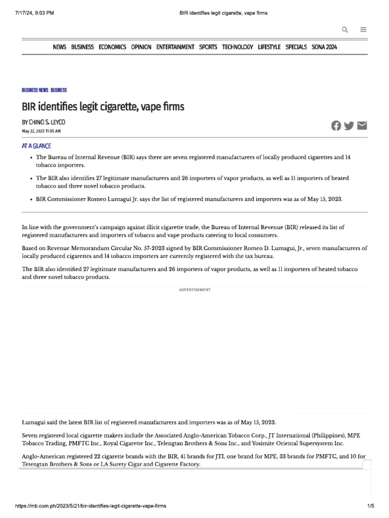 BIR Identifies Legit Cigarette, Vape Firms | PDF