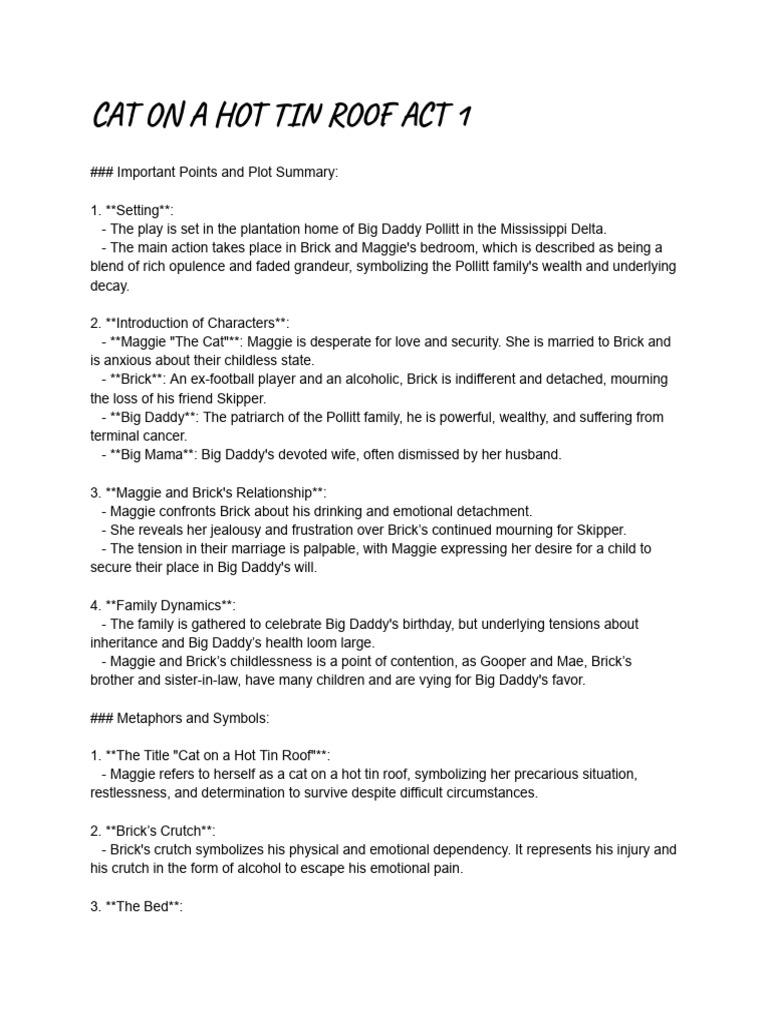 Act 1 Summary of Cat on a Hot Tin Roof | PDF