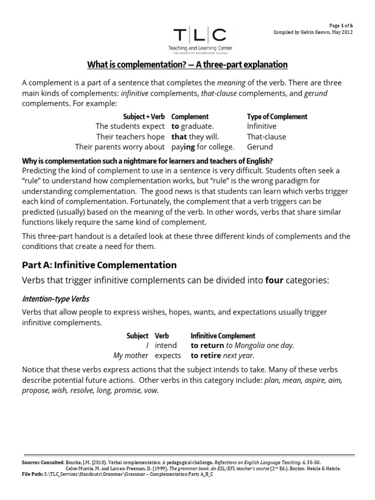 Accs Grammar Complementation Parts A B C Rev2016 Pdf Verb Adjective