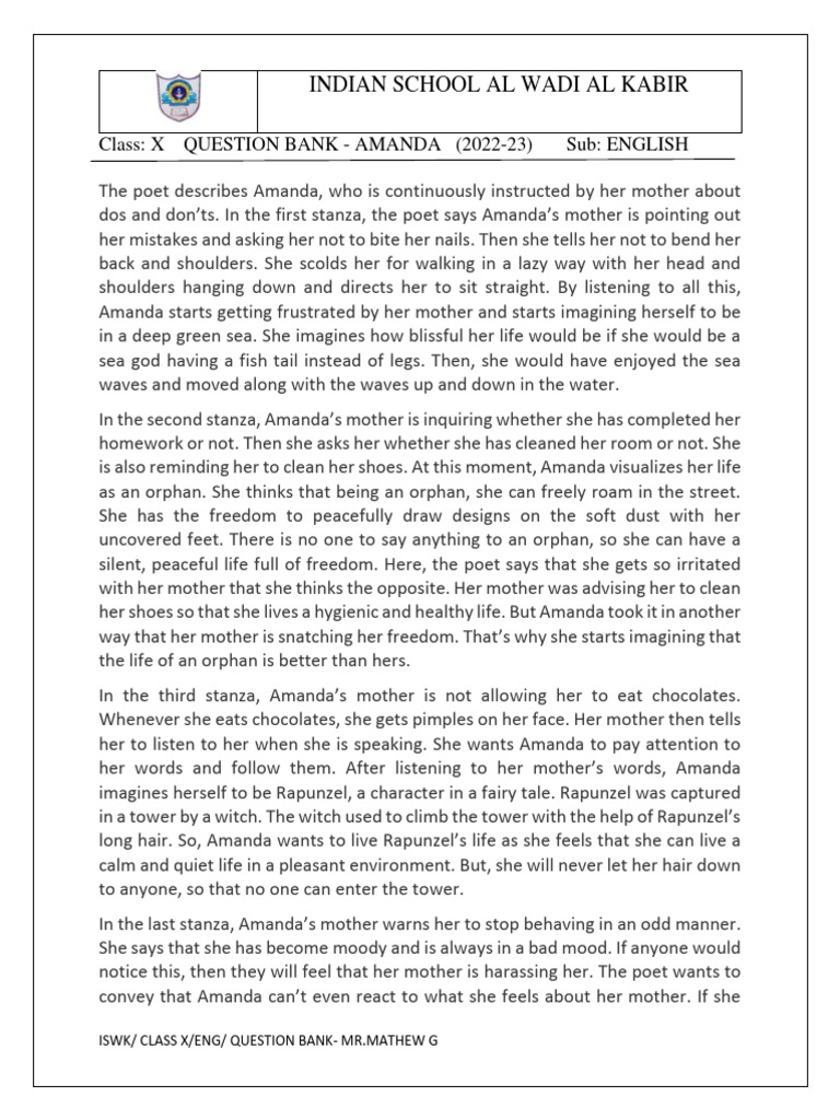 1167289-Question Bank - Amanda - Class 10 | PDF | Rapunzel | Thought