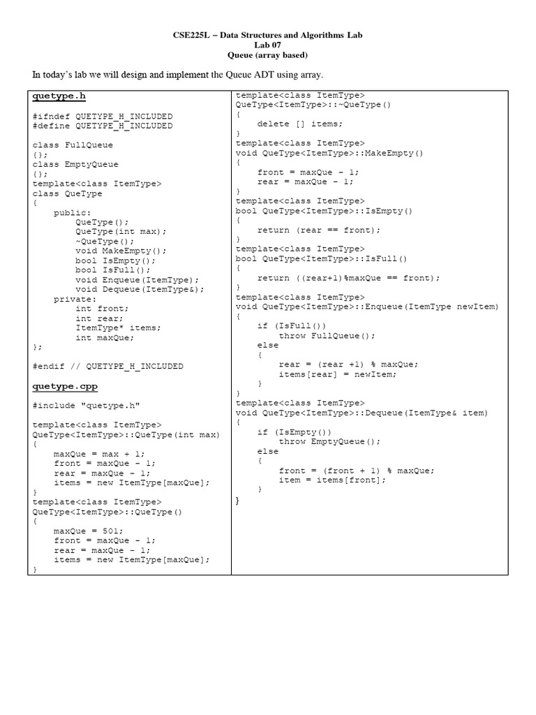 Cse225 Lab07 Pdf Queue Abstract Data Type Computer Programming