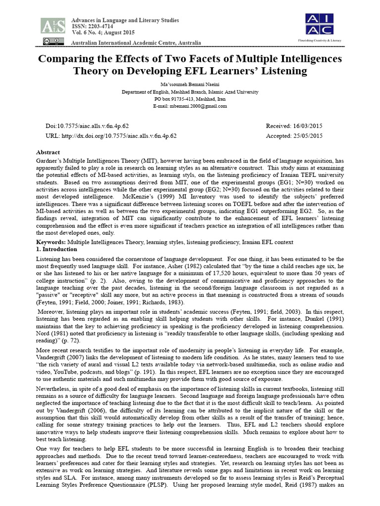 Comparing The Effects of Two Facets of Multiple Intelligences | PDF | Learning Styles | English ...