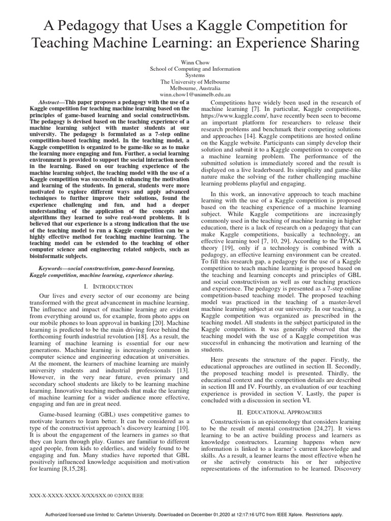 A Pedagogy That Uses A Kaggle Competition For Teaching Machine Learning ...