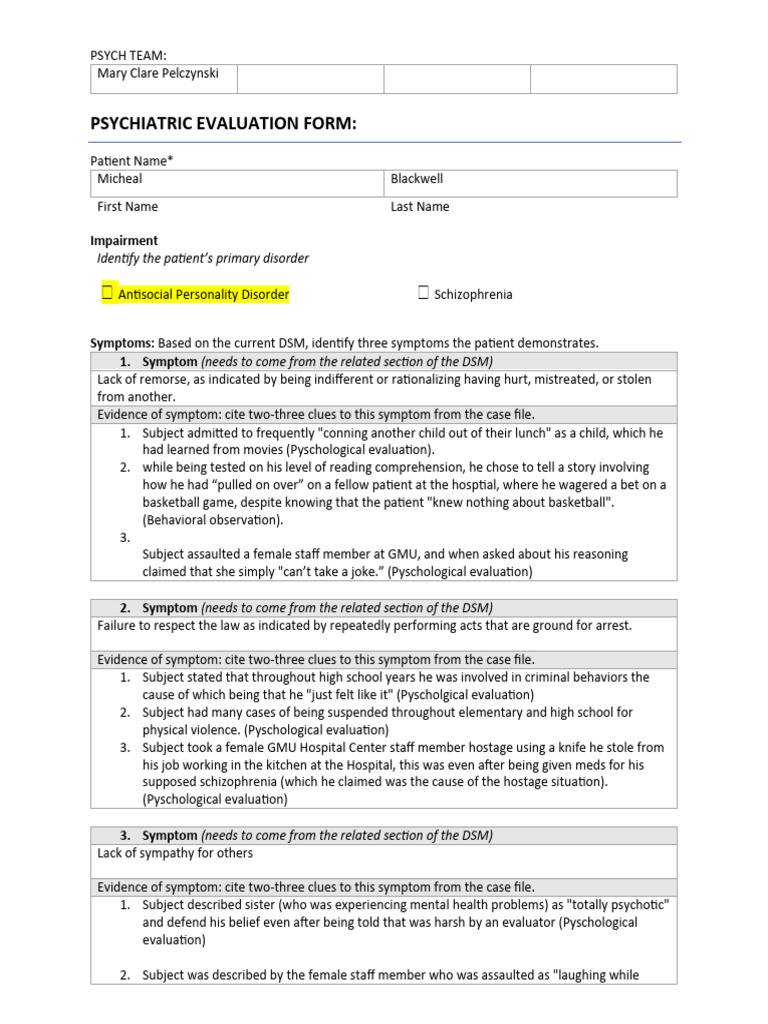 Psych Eval Report Form Blackwell | PDF | Schizophrenia | Diagnostic And ...