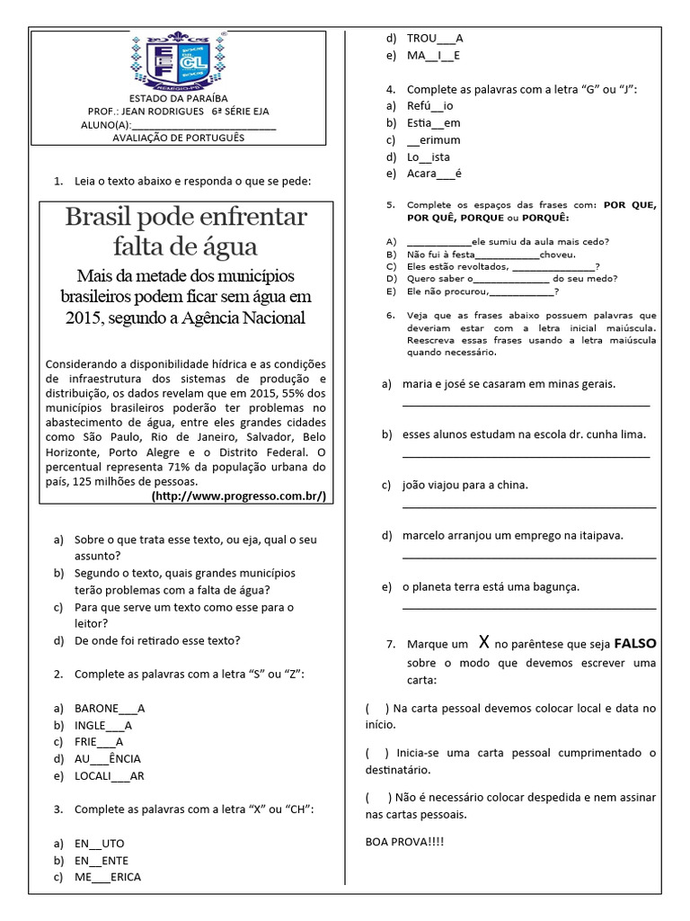 ESTADO PROVA 2015 1º BIMESTRE | PDF | Brasil