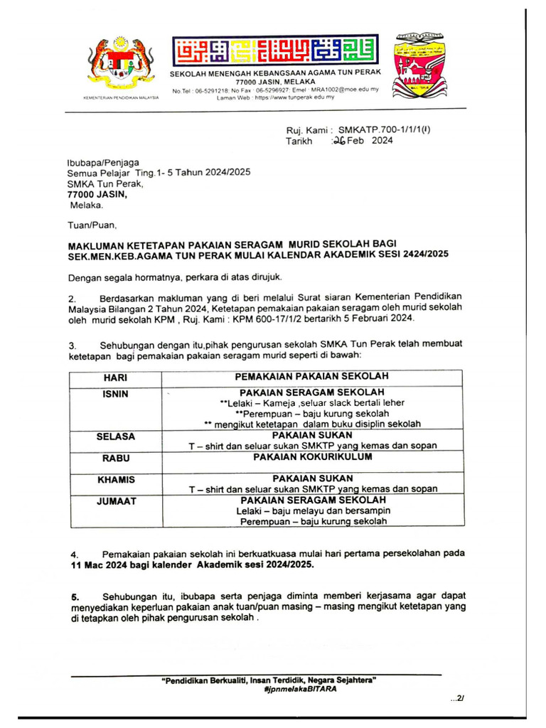Penetapan Pakaian Seragam Murid SMKA TUN PERAK | PDF