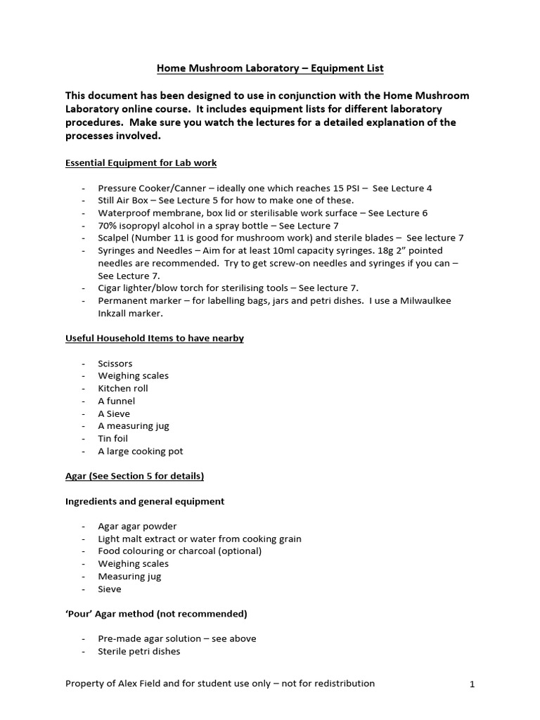 Home Mushroom Lab Equipment Guide | PDF