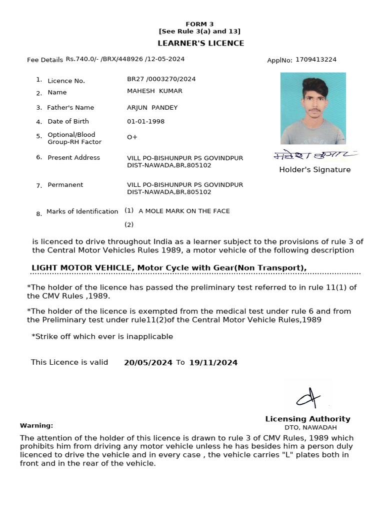 Learner'S Licence: Form 3 (See Rule 3 (A) and 13) | PDF