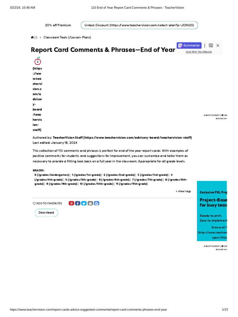 110 End of Year Report Card Comments & Phrases - TeacherVision | PDF ...