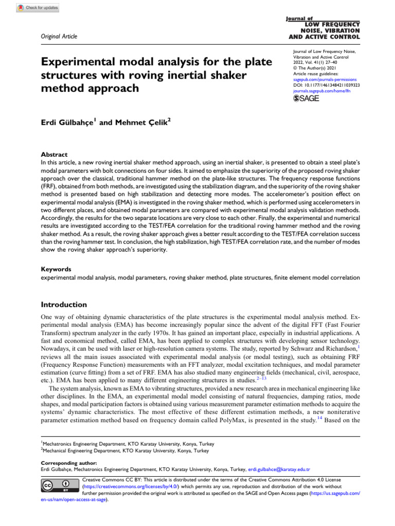 Gulbahce Celik 2021 Experimental Modal Analysis For The Plate Structures With Roving Inertial ...