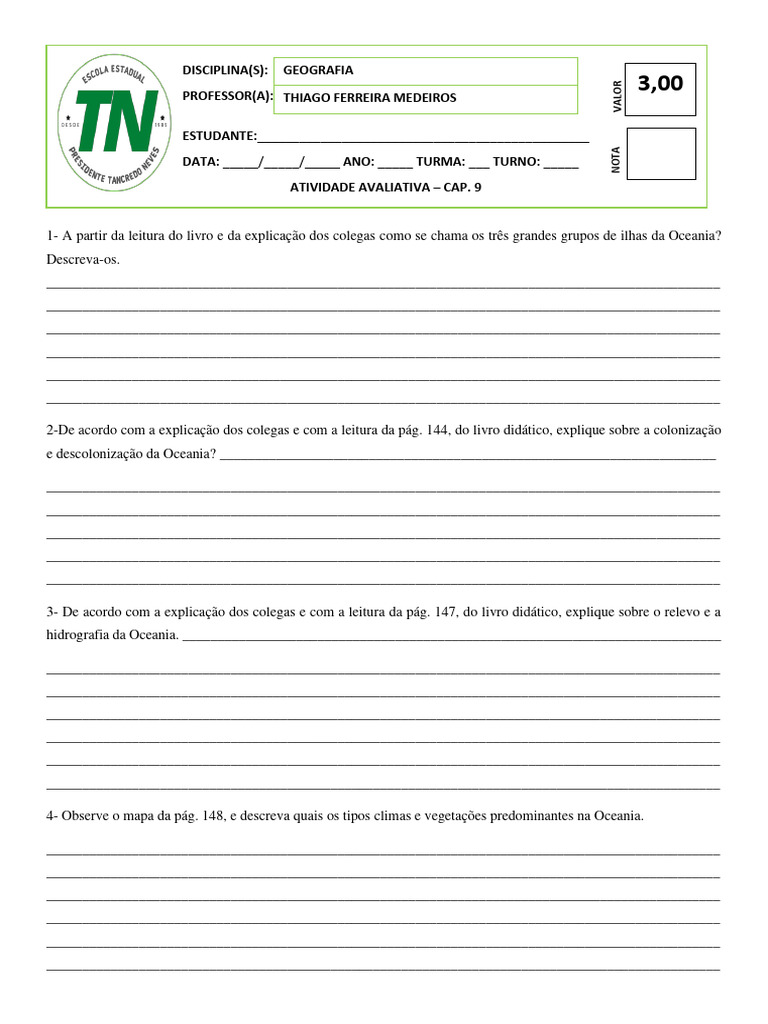Atividade Cap9 | PDF | Oceania