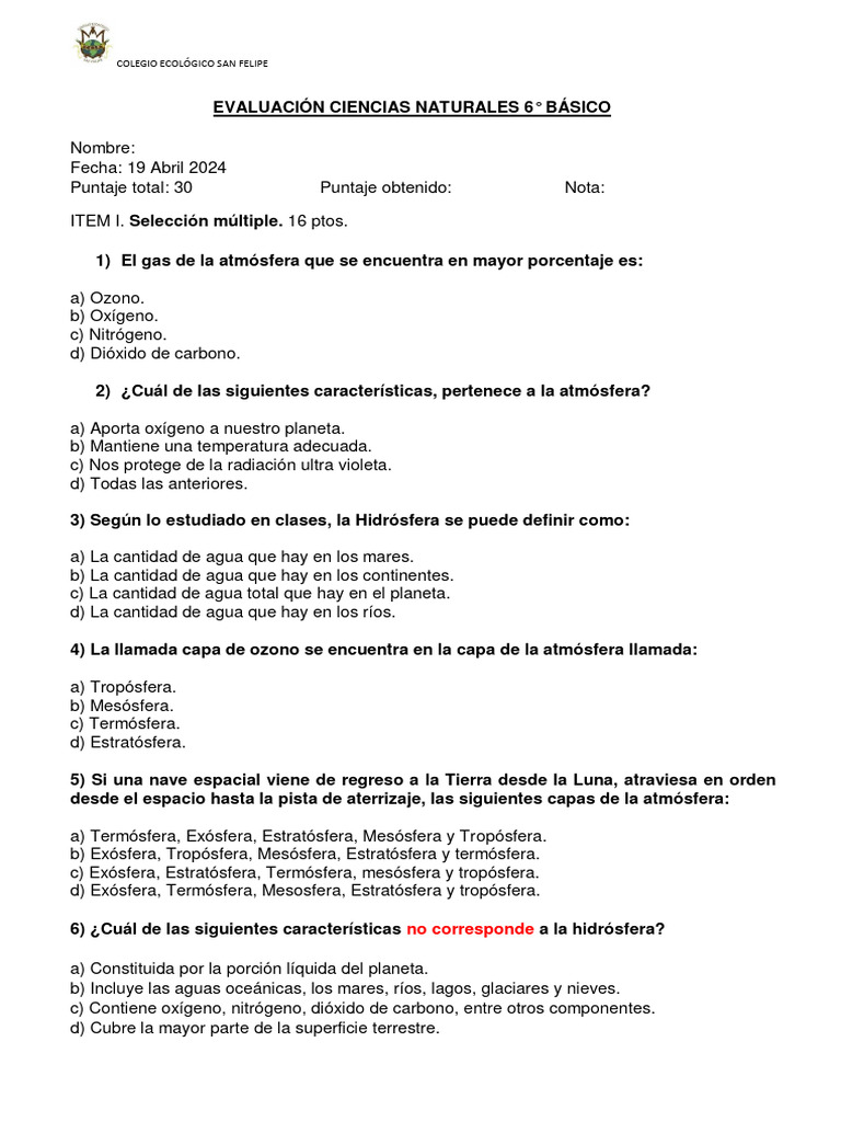 Evaluación Ciencias Naturales 6° Básico | PDF | Atmósfera | Tierra