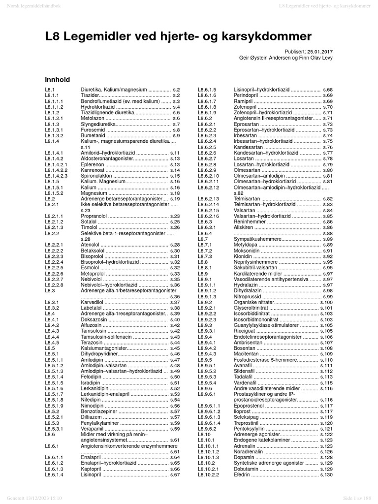 L8 Legemidler Ved Hjerte-Og Karsykdommer: Innhold | PDF