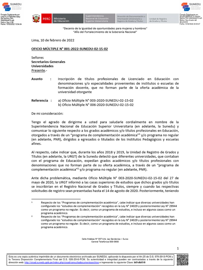 Oficio Multiple #001-2022-Sunedu - (02-15-02) | PDF | Titulo academico