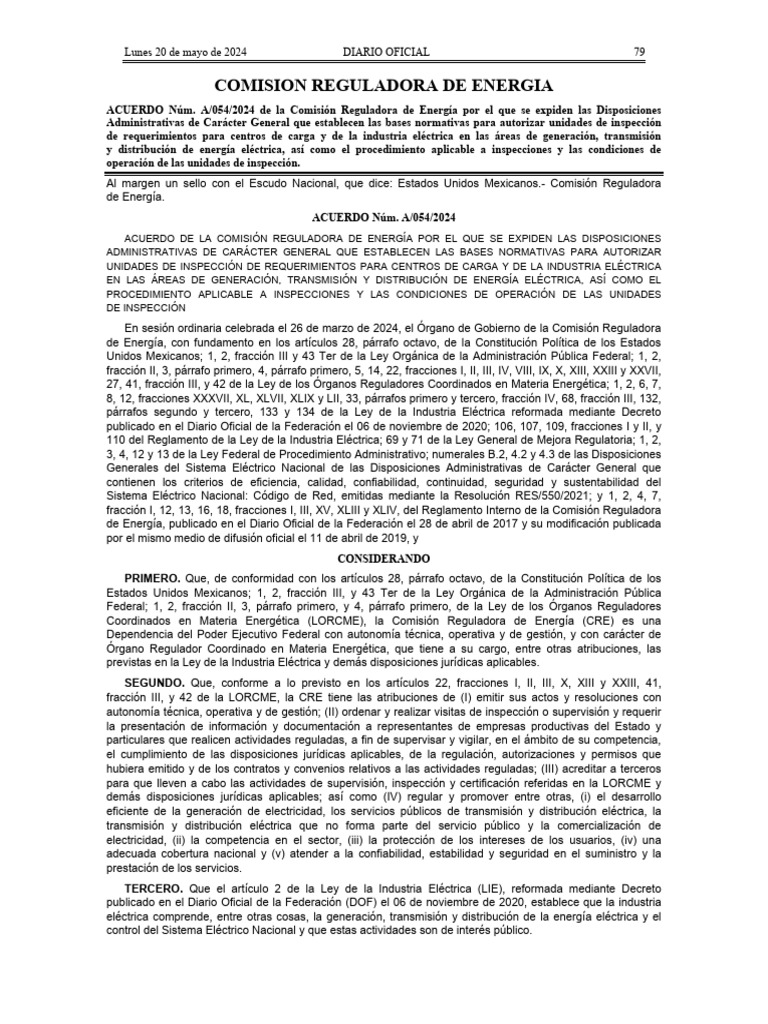 Acuerdo A0542024 Unidades de Inspección de Código de Red CRE | PDF ...