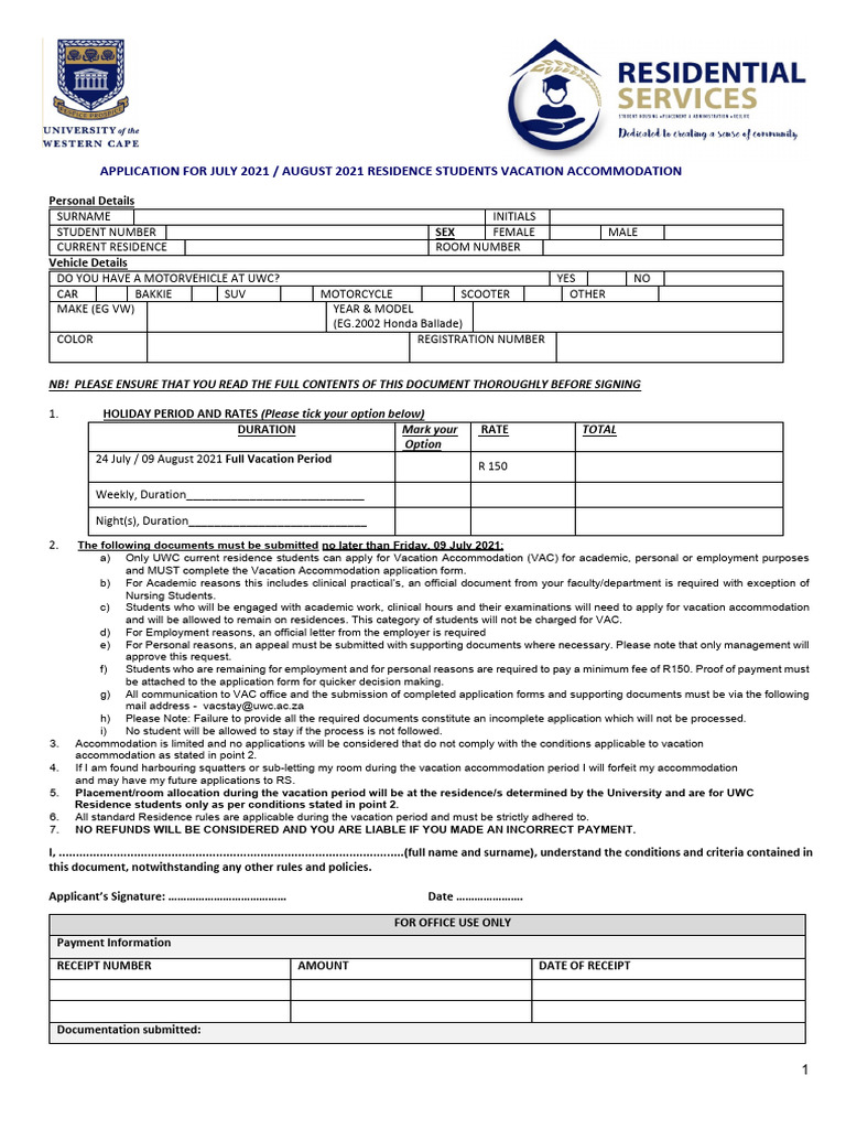 Vacation Accommodation Application Form - Students | PDF | Justice ...