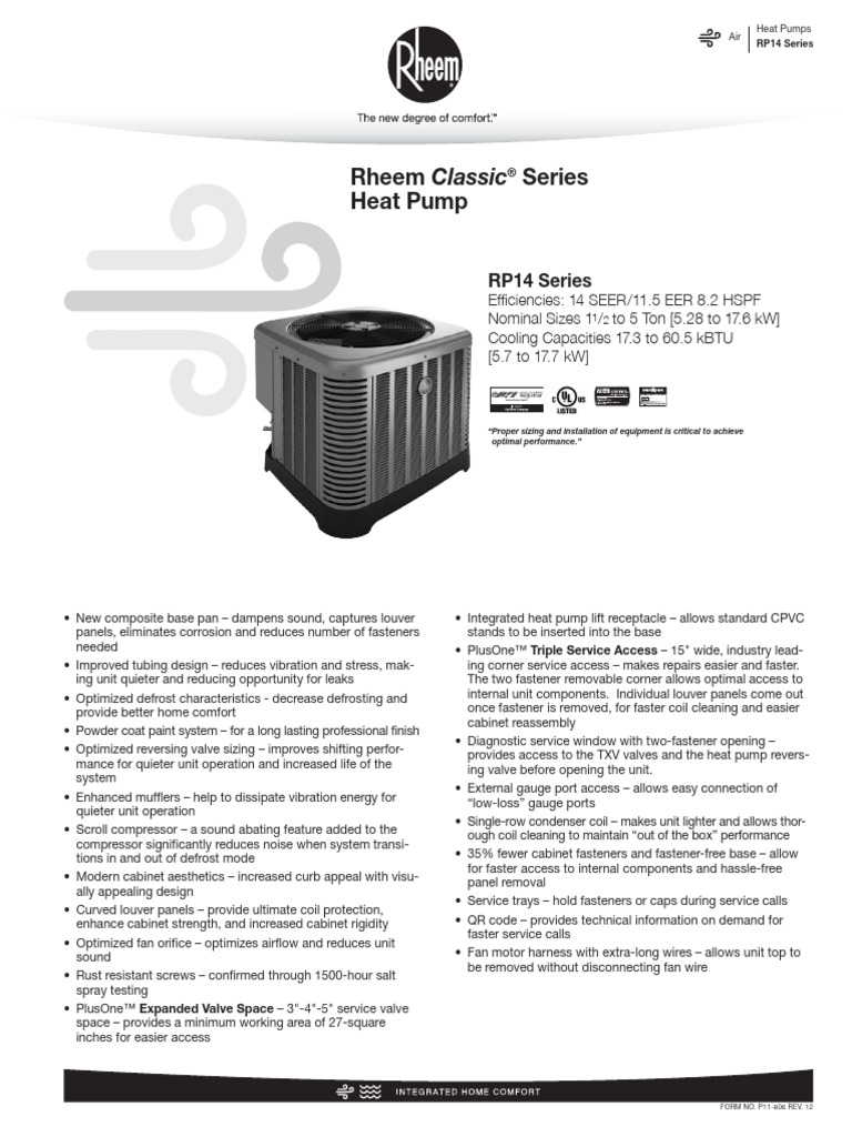 Rheem RP14 Classic Series HP | PDF | Electricity | Temperature
