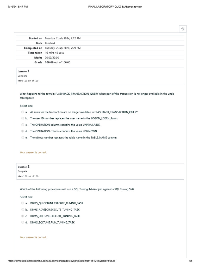 Advanced Database Management Systems Finals Quiz Lab 1 | PDF