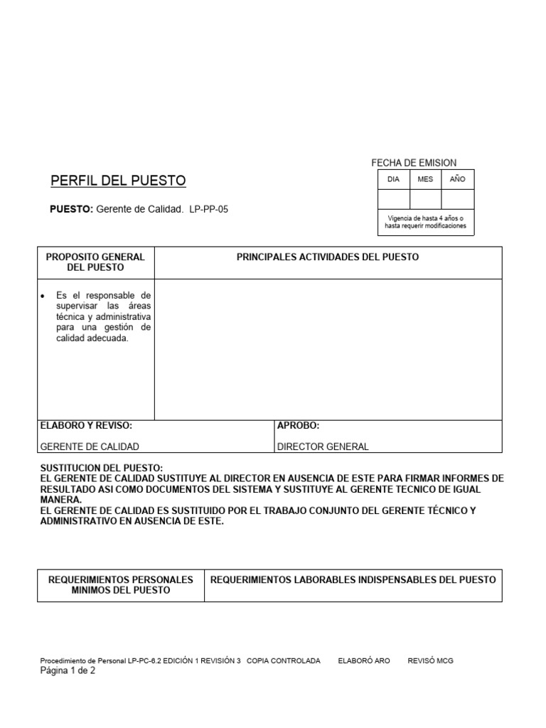 LP-PP-05 GERENTE DE CALIDAD | PDF