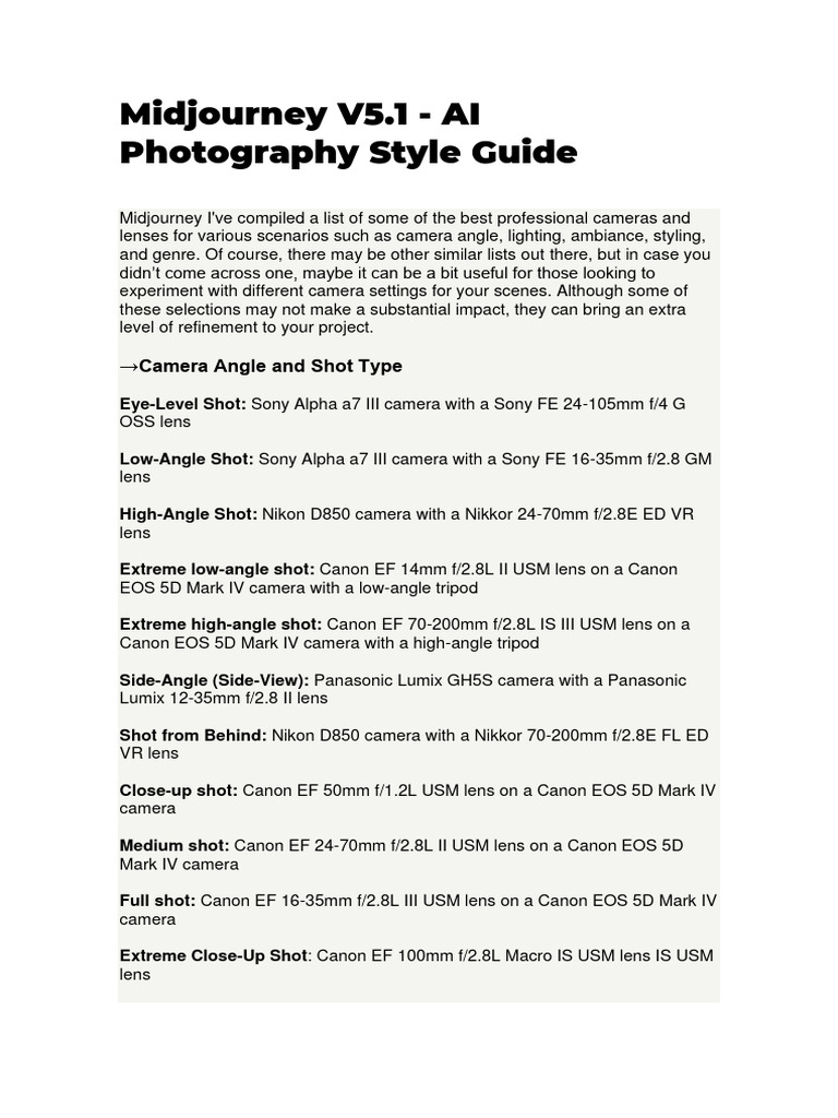 Midjourney V5.1 - AI Photography Style Guide | PDF | Reflection ...